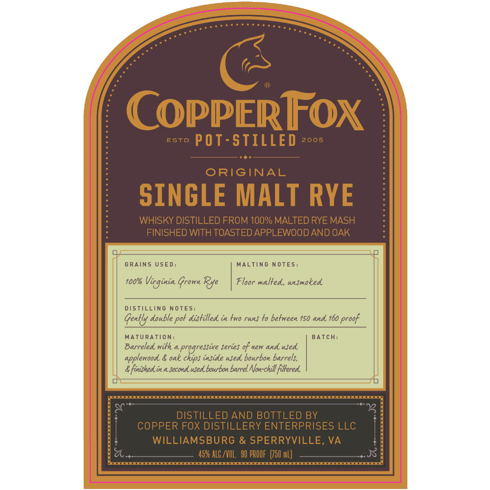 Copper Fox Original Single Malt Rye Whiskey – Mission Trails Wine & Spirits